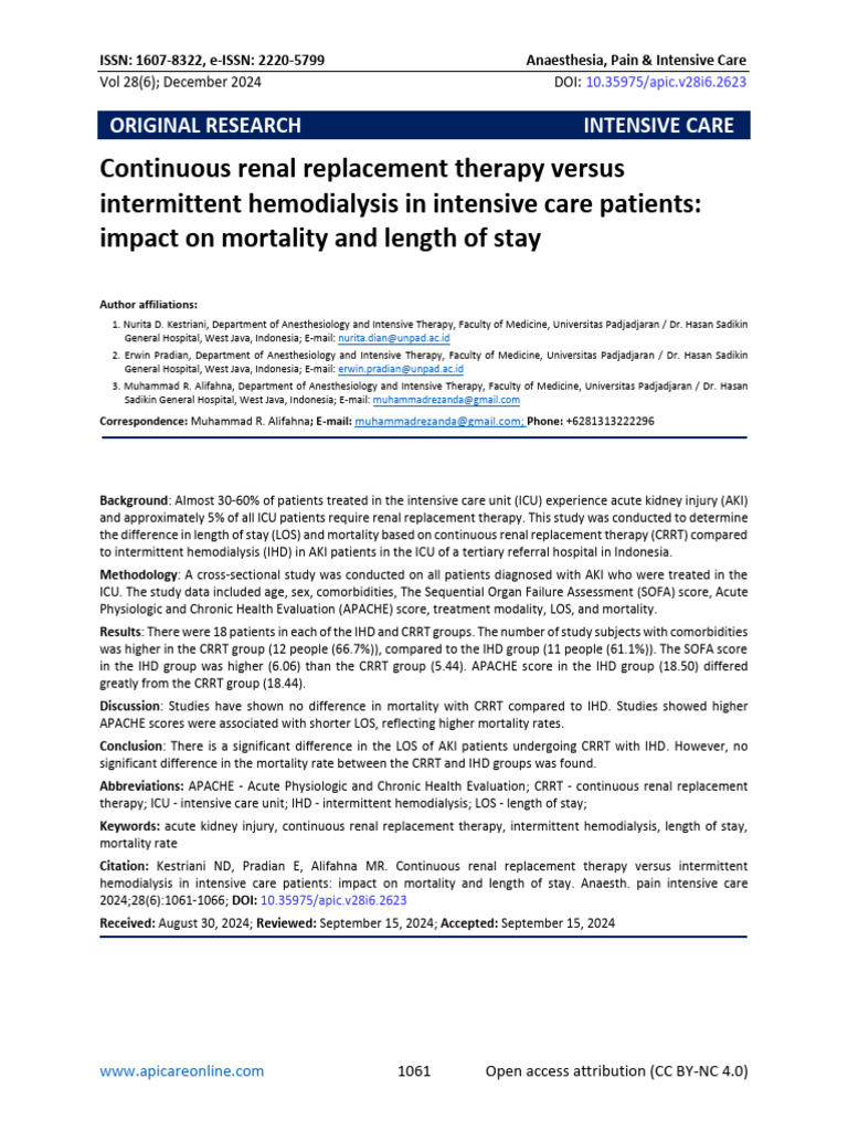 Continuous Renal Replacement Therapy Versus Intermittent Hemodialysis ...