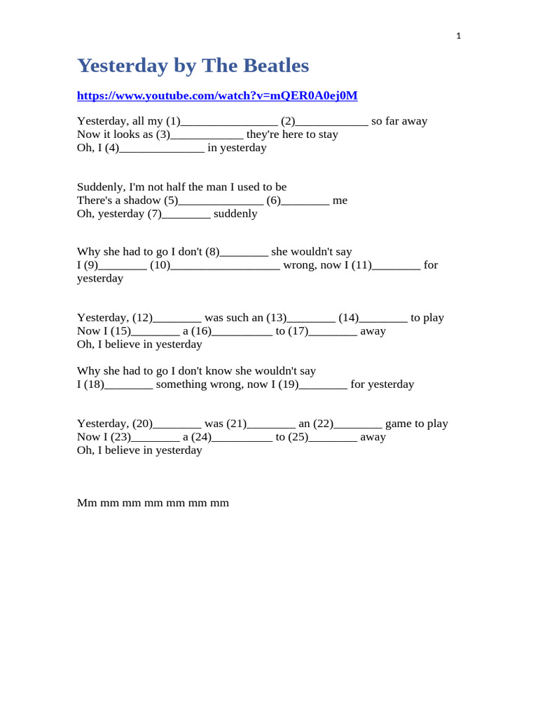 Yesterday Lyrics Fill-in-the-Blank | PDF