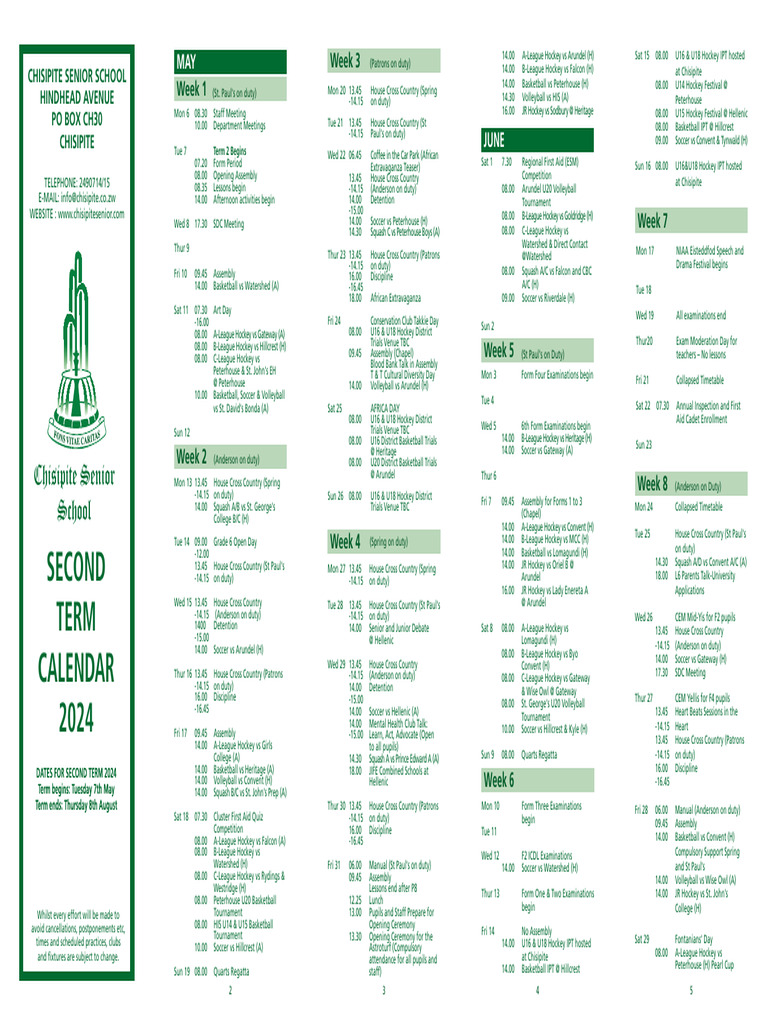 Chisipite Senior School Term 2 Calendar 2024 | PDF