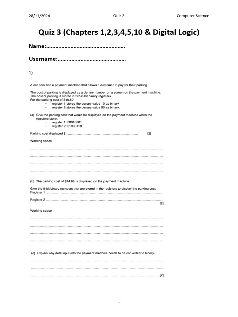 Quiz 3 (Chapters 1,2,3,4,5,10 & Digital Logic) | PDF
