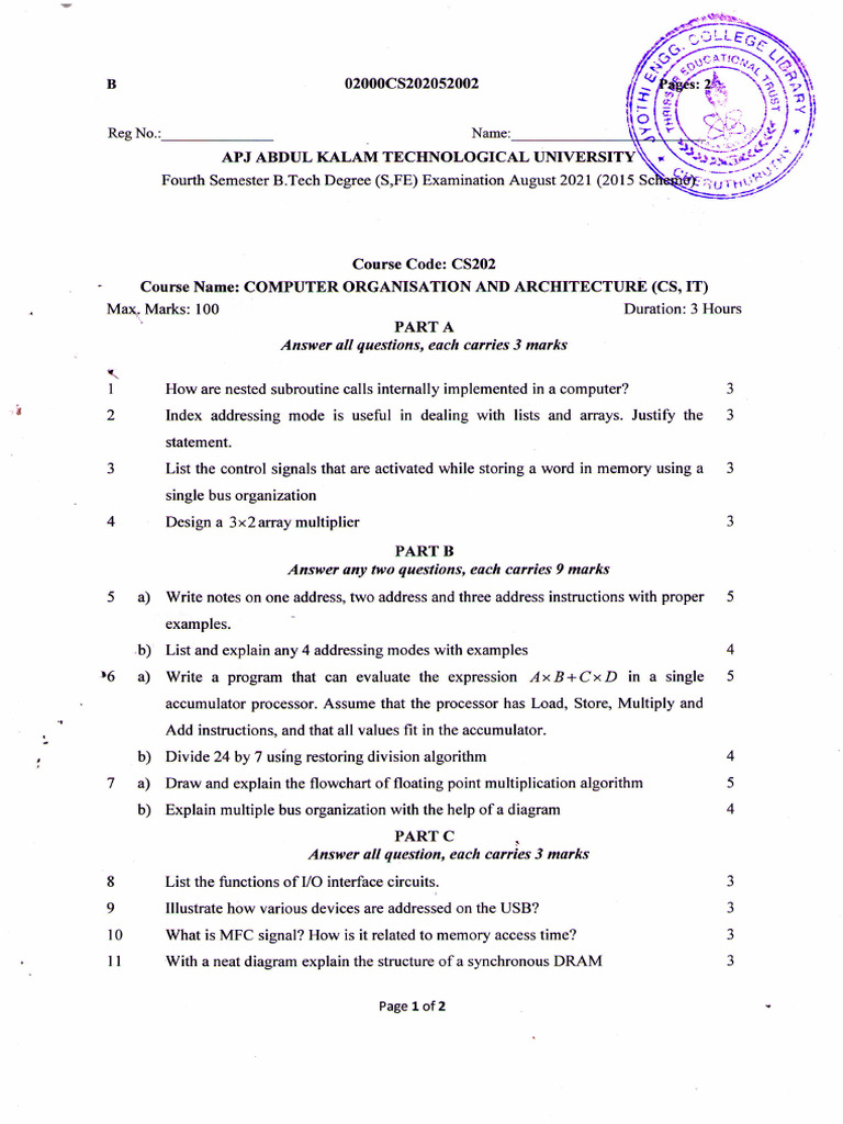 Cs202 Computer Organisation And Architecture August 2021 Pdf Computer Engineering
