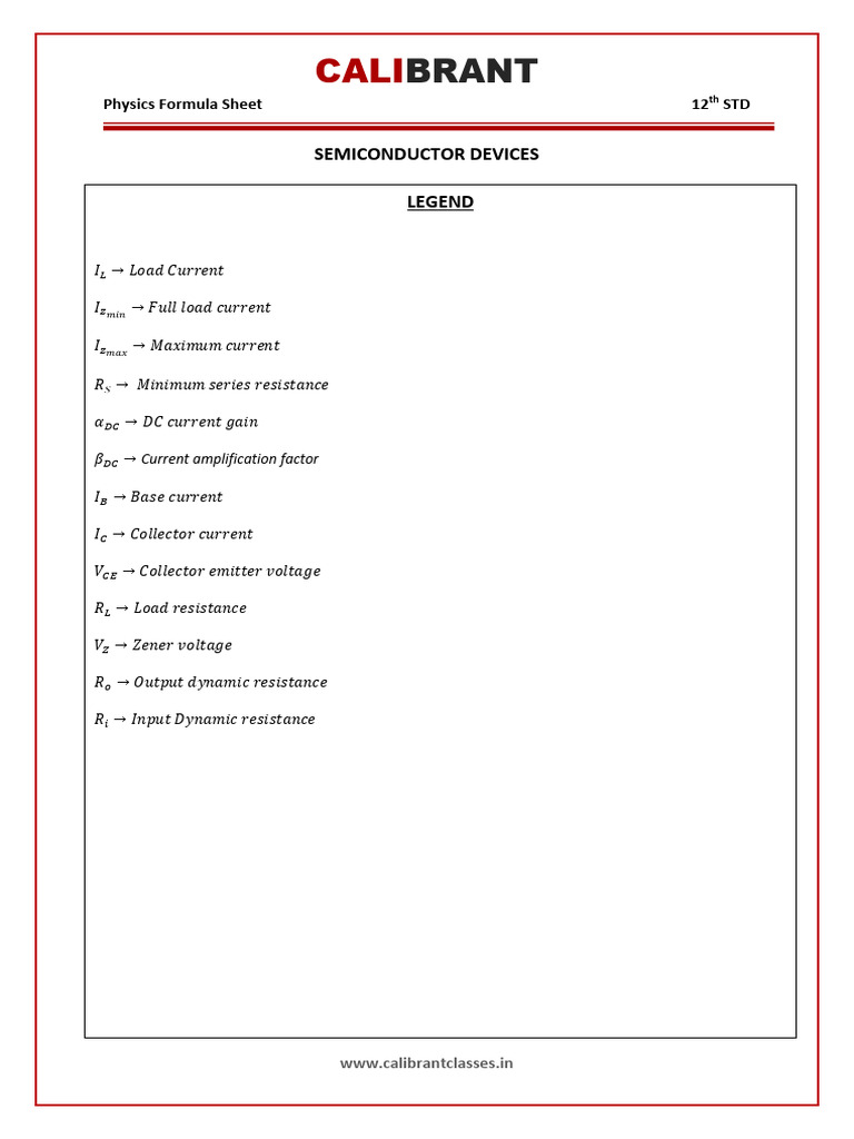 Semiconductor Devices Formula Sheet | PDF | Amplifier | Transistor