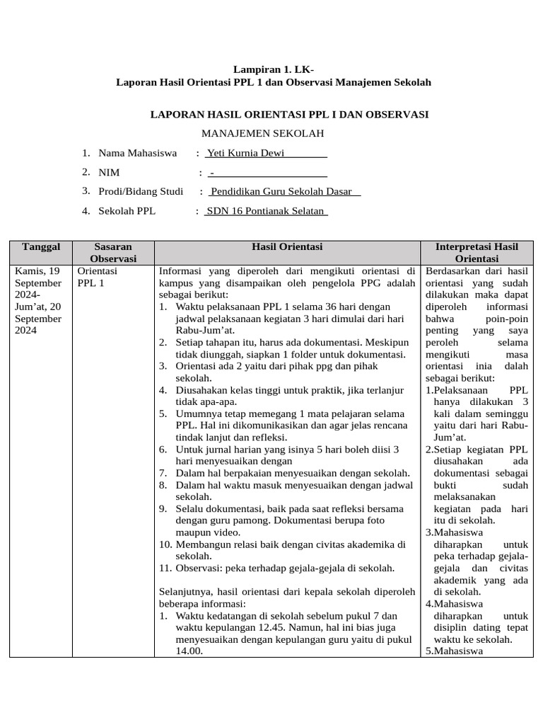 LK.1 Orientasi - PPL1 - Yeti Kurnia Dewi - SDN 16 Pontianak Selatan | PDF