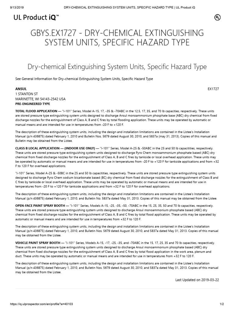 DRY-CHEMICAL EXTINGUISHING SYSTEM UNITS, SPECIFIC HAZARD TYPE - UL ...