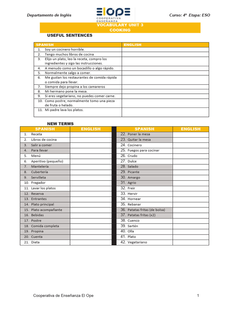 Vocabulary UNIT 3 - Cooking - WORKBOOK | PDF