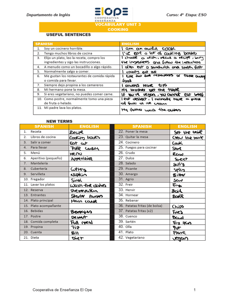 Vocabulary UNIT 3 - Cooking - WORKBOOK 2 | PDF