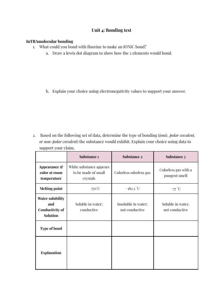 Unit 4 Bonding Test | PDF | Chemical Bond | Molecules