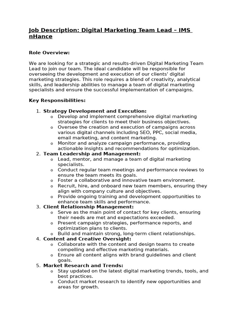Job Description - Digital Marketing TL | PDF | Digital Marketing ...