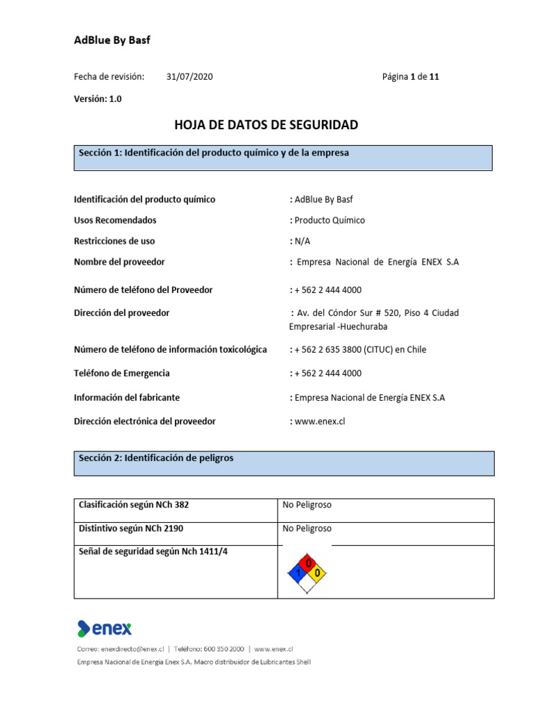 Hoja de Seguridad AdBlue BASF | PDF | Toxicidad | Agua