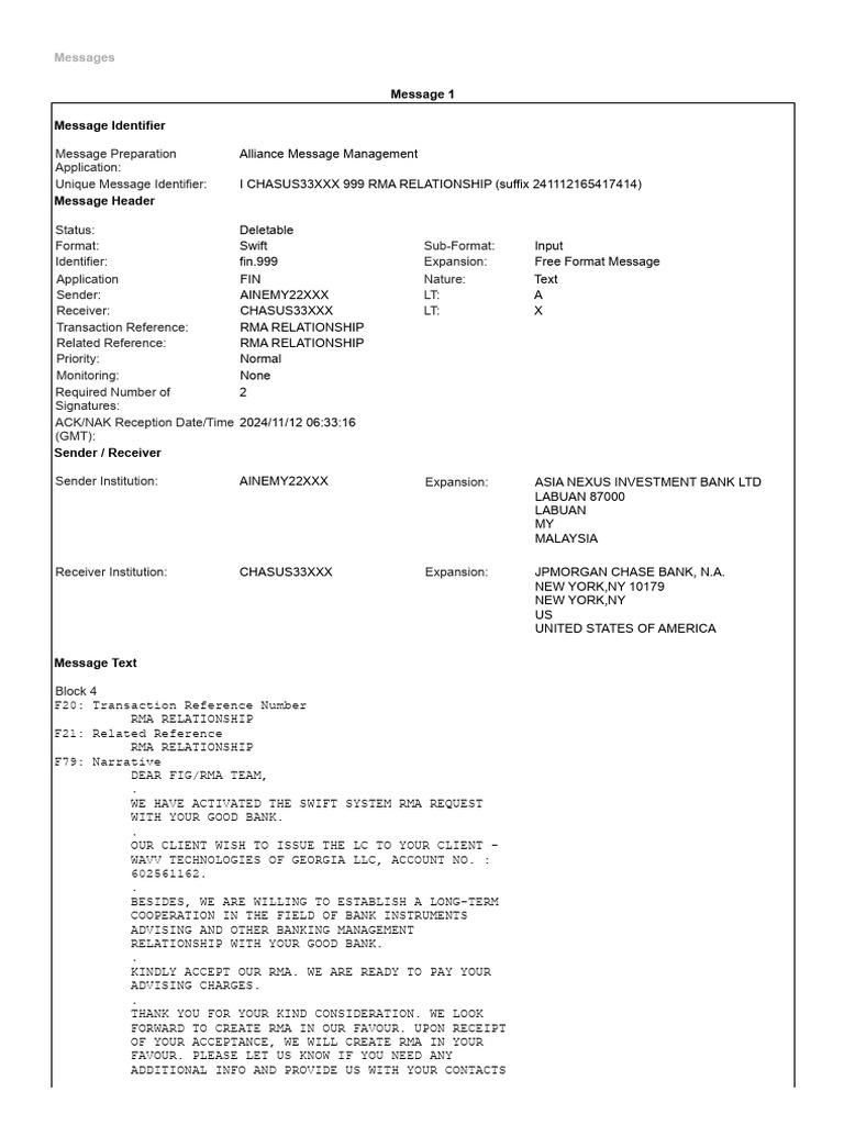 Swift RMA Relationship Request | PDF | Internet | Service Industries
