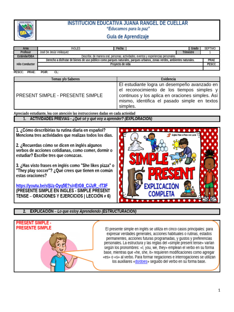 Guia #1 Simple Present - Presente Simple | PDF | Verbo | Relaciones sintácticas