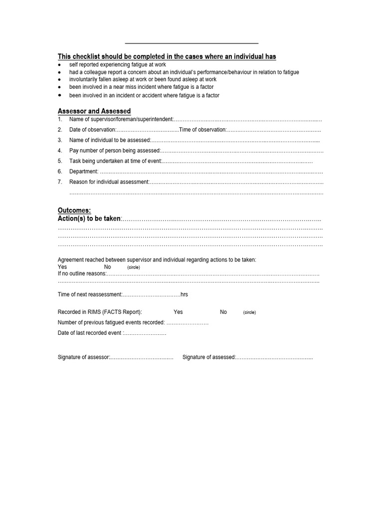 Fatigue Risk Assessment Checklist | PDF | Diseases And Disorders ...