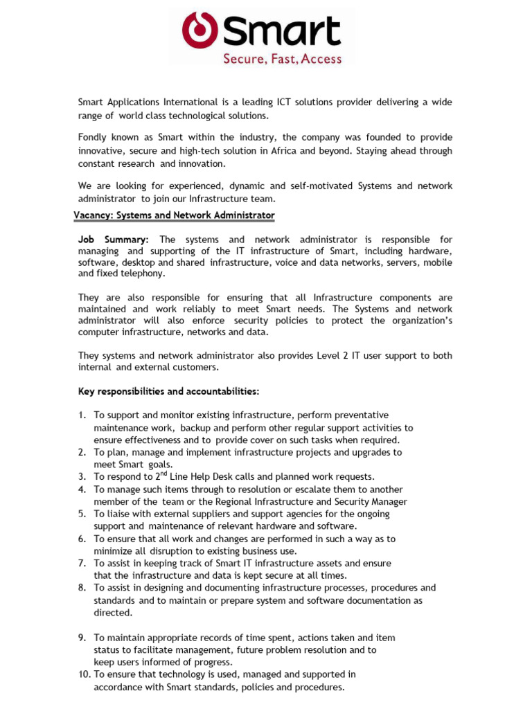 Systems and Network Administrator Vacancy | PDF | Computer Network | Infrastructure