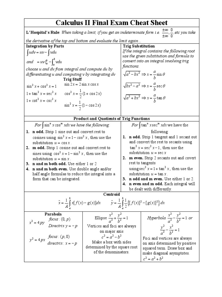 Calculus Formula Sheet Pdf