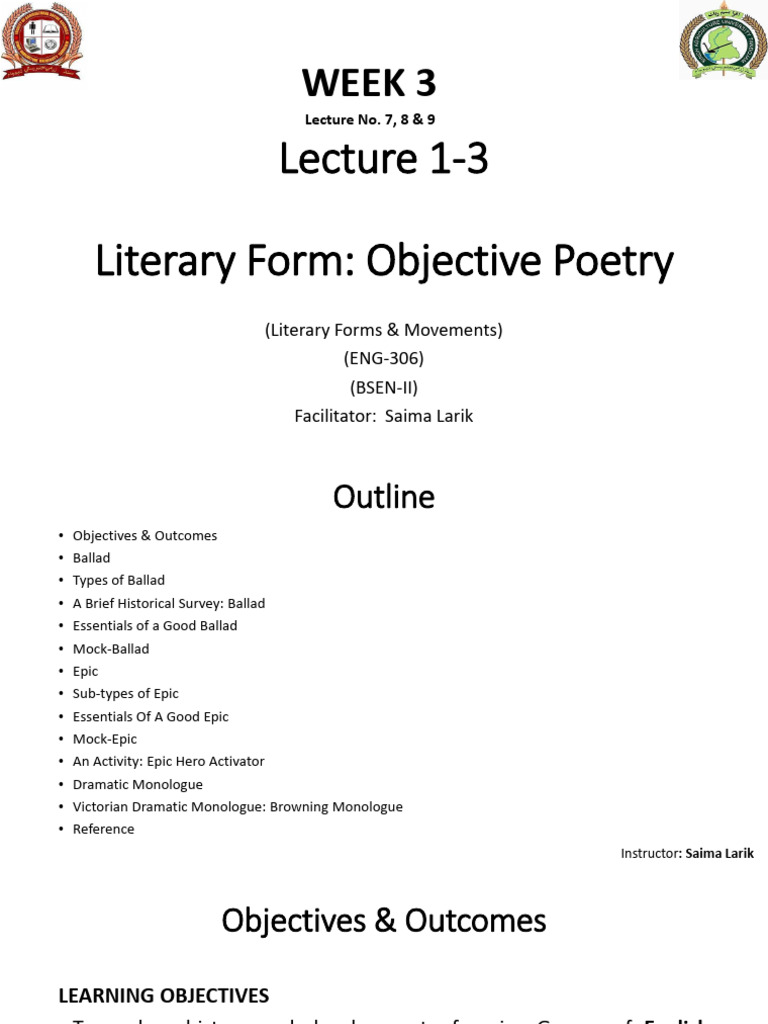 (W-3) Lect 1-3 Literay Form_Objective Poetry (LFM- BSEN-II- FASS- SAU) | PDF | Epic Poetry | Ballad