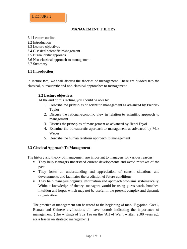 Lecture 2 - Management Theory | PDF | Business
