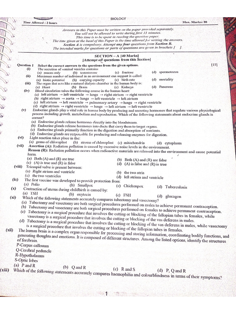 Biology 10 Model Paper Based On Latest Pattern | PDF