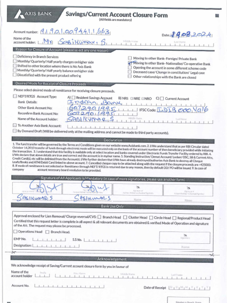 Axis Account Closure Formssa | PDF