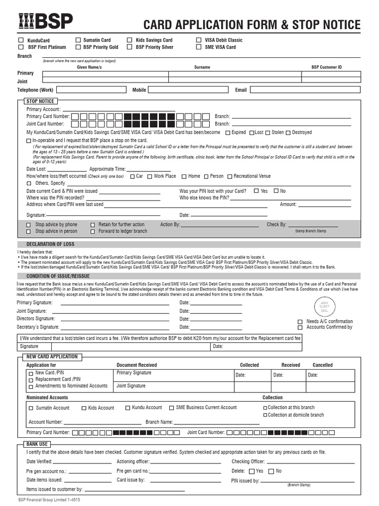 BSP Card Application and Stop Notice Form | PDF | Debit Card | Visa Inc.