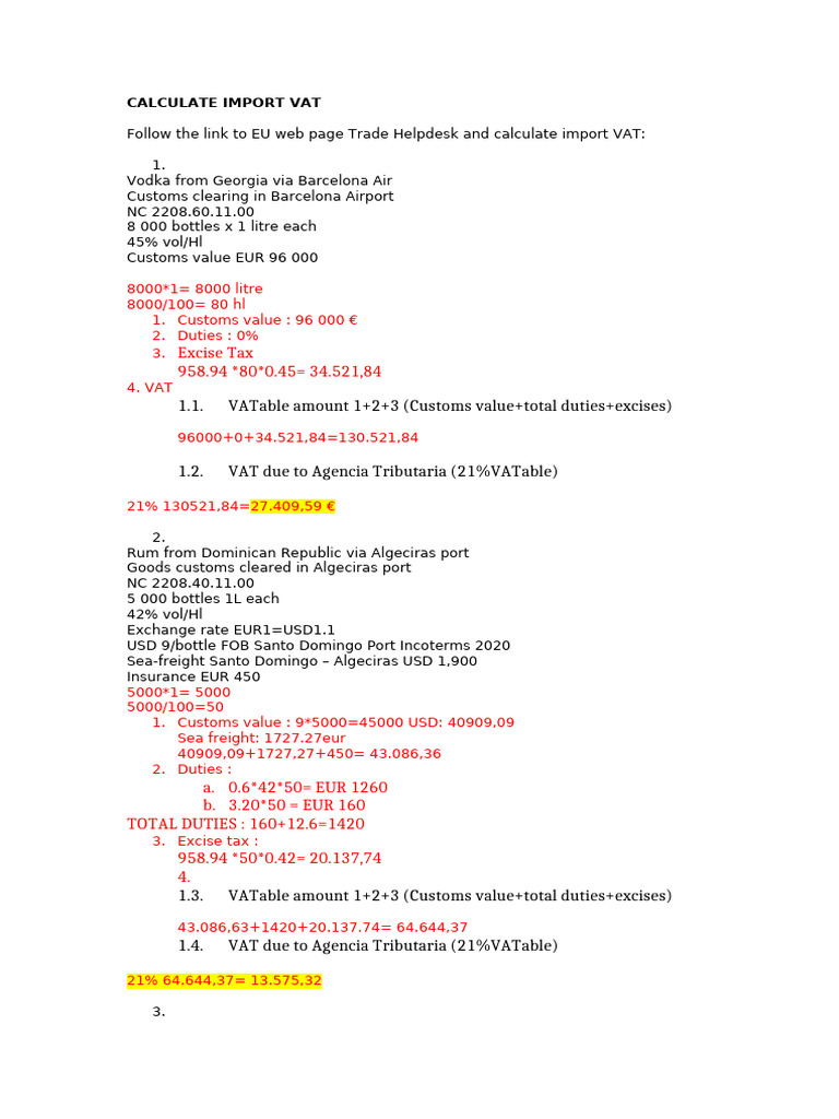 Exercise 7 Excise duty and import VAT calculation | PDF | Customs ...