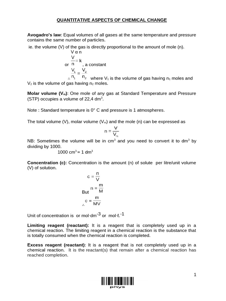 QUANTITATIVE ASPECTS OF CHEMICAL CHANGE1 | PDF | Chemical Reactions ...