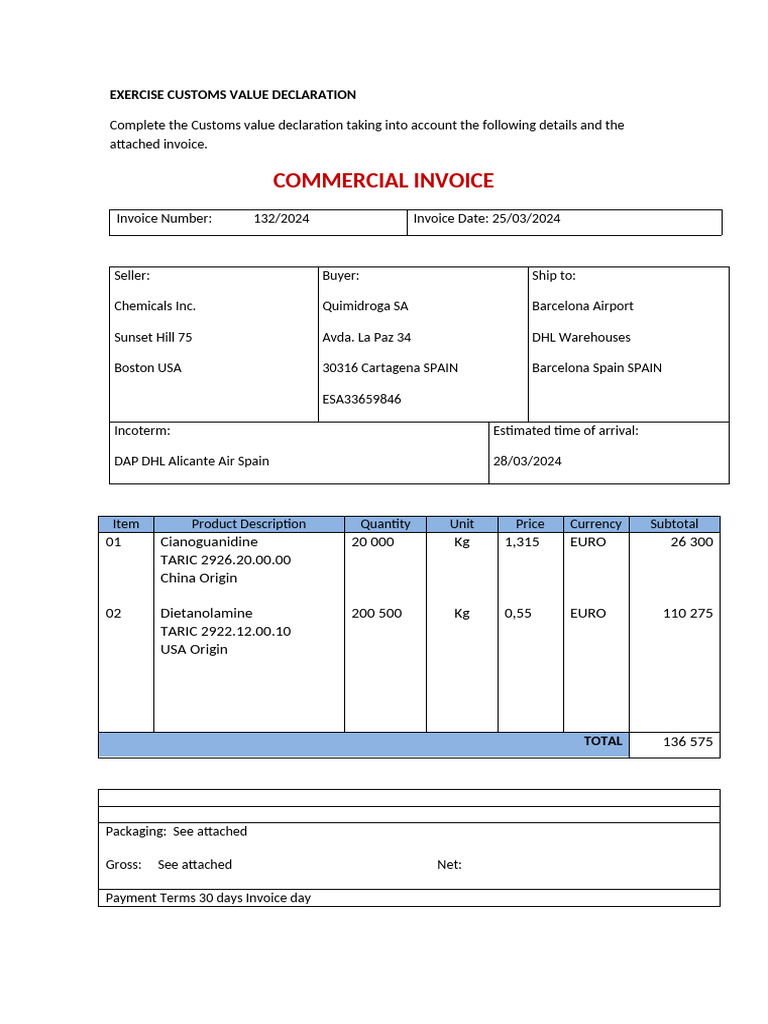 Customs Value Declaration Activity Two Headings | PDF