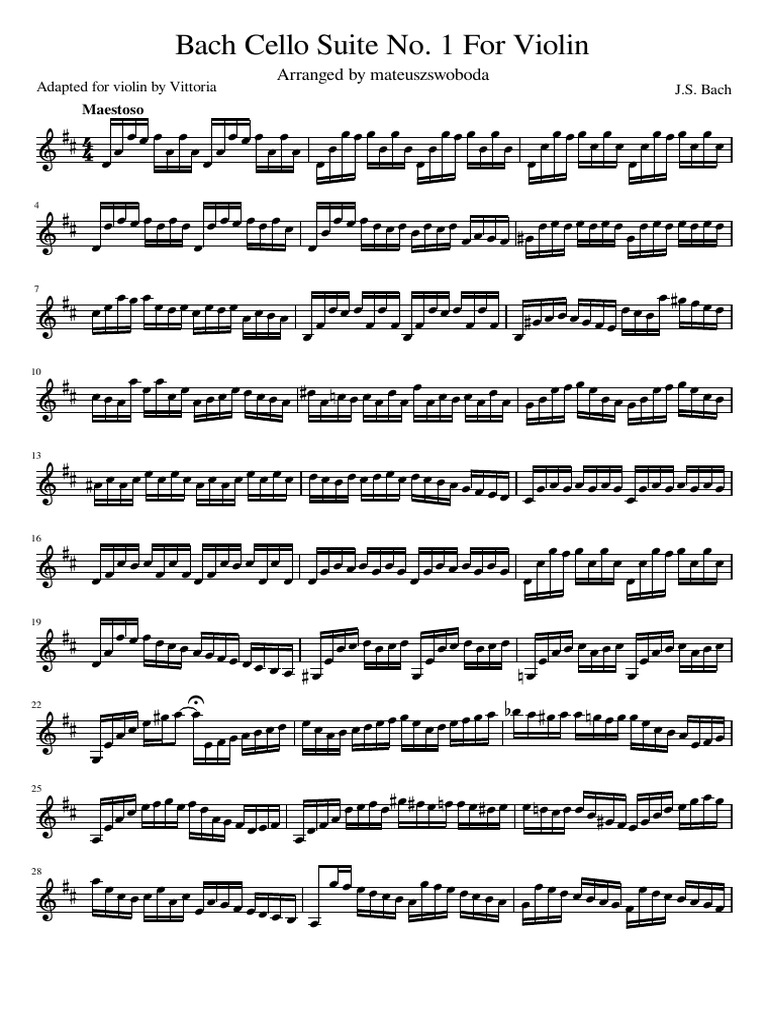 Bach Cello Suite No. 1 For Violin | PDF | Suite (Music) | Musical ...