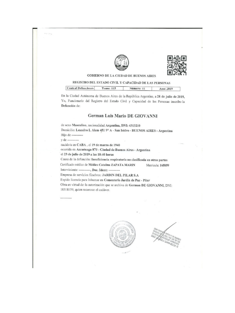 Certificado Defuncion | PDF