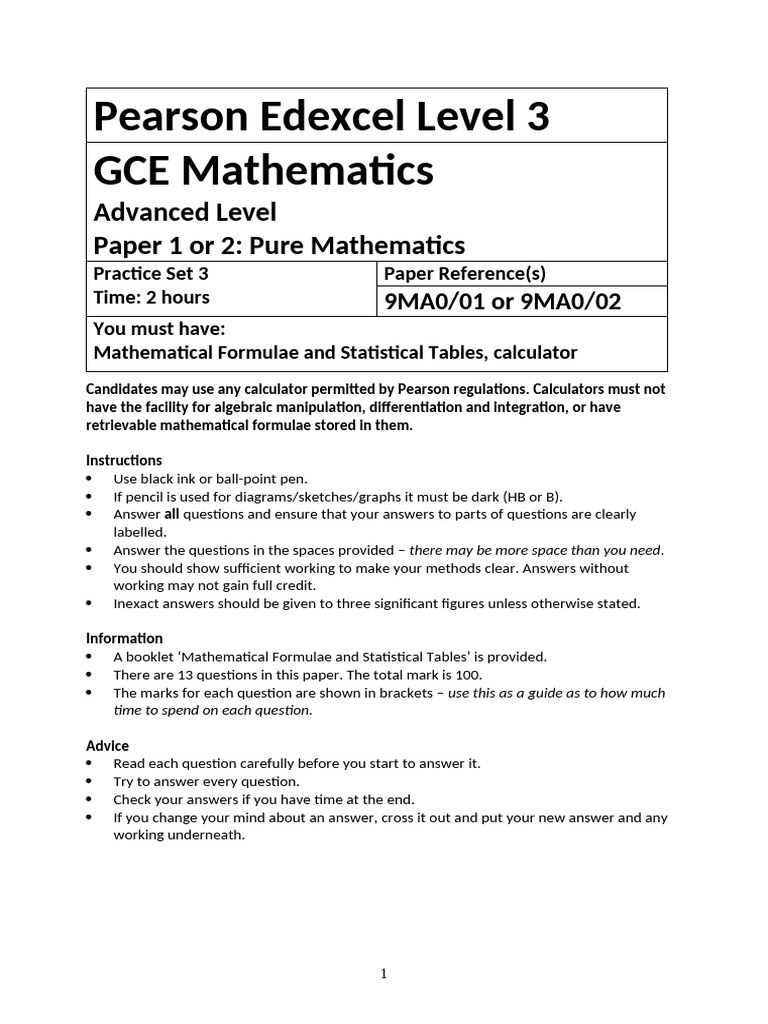 03 9MA0 01 9MA0 02 A Level Pure Mathematics Practice Set 3 | PDF ...