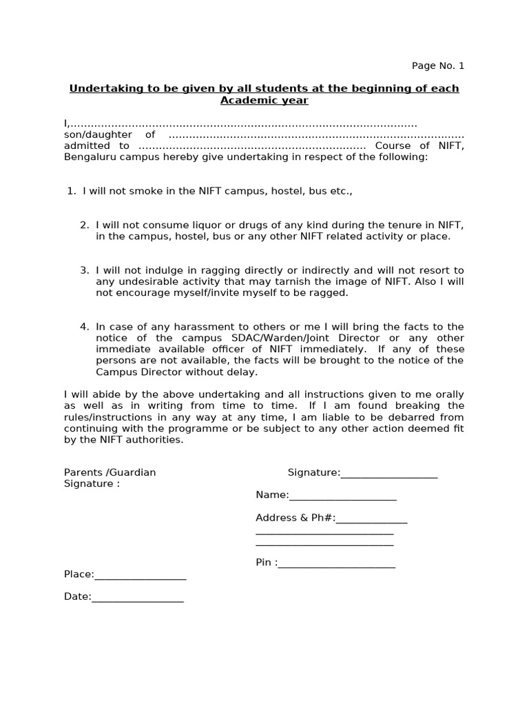 Undertaking For Discipline in NIFT Campus | PDF