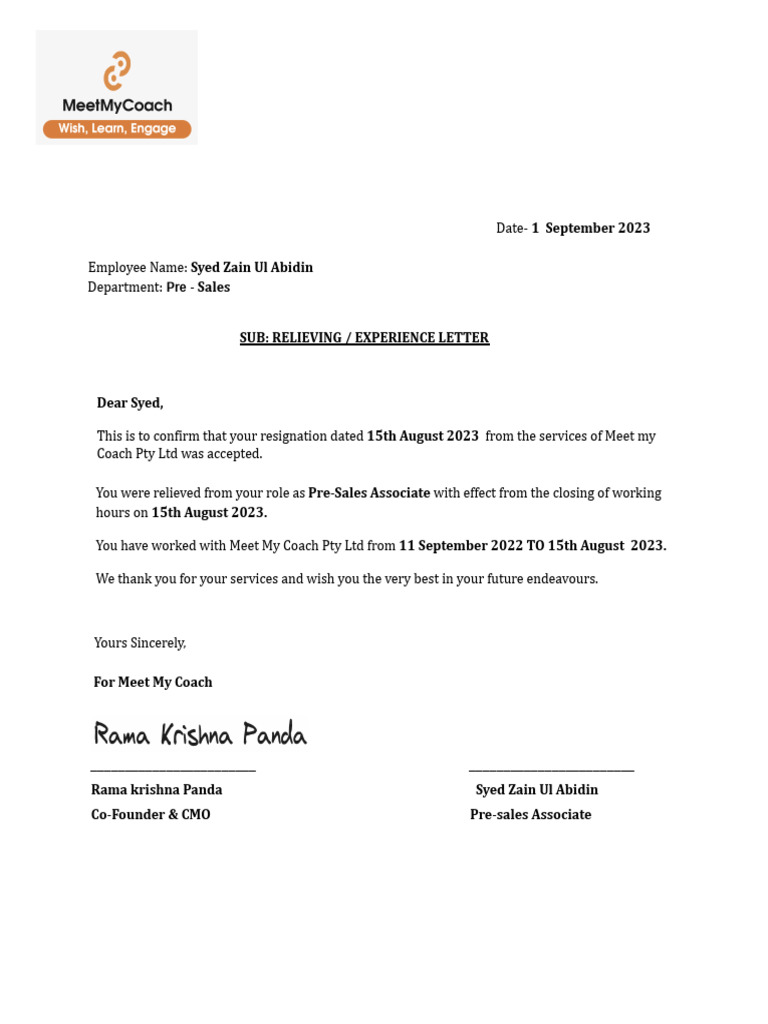 Zain Relieving Letter | PDF