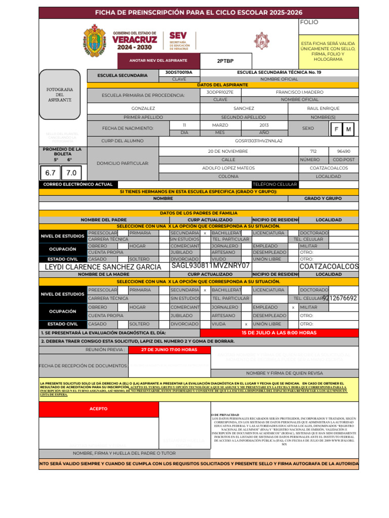 Preinscripción 2025 - 2026 (1) (4) .XLSX - Formato de Preinscripcion | PDF