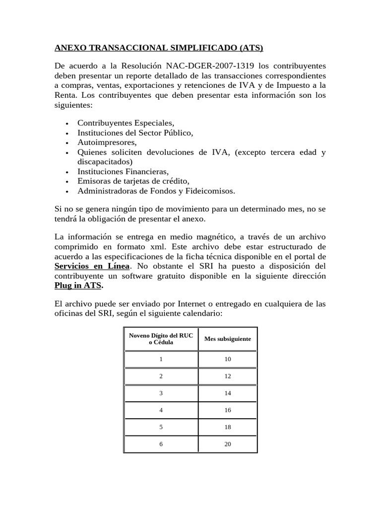3.1 Anexo Transaccional Simplificado (ATS) | PDF