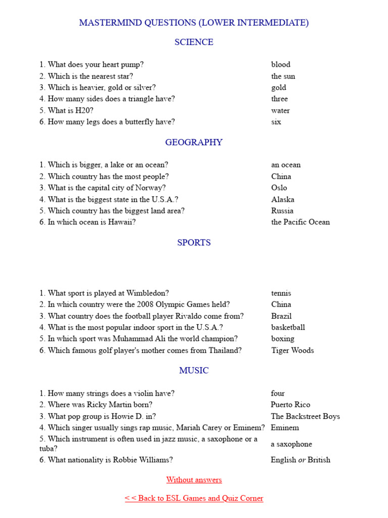ESL Mastermind Questions (Lower Intermediate) | PDF