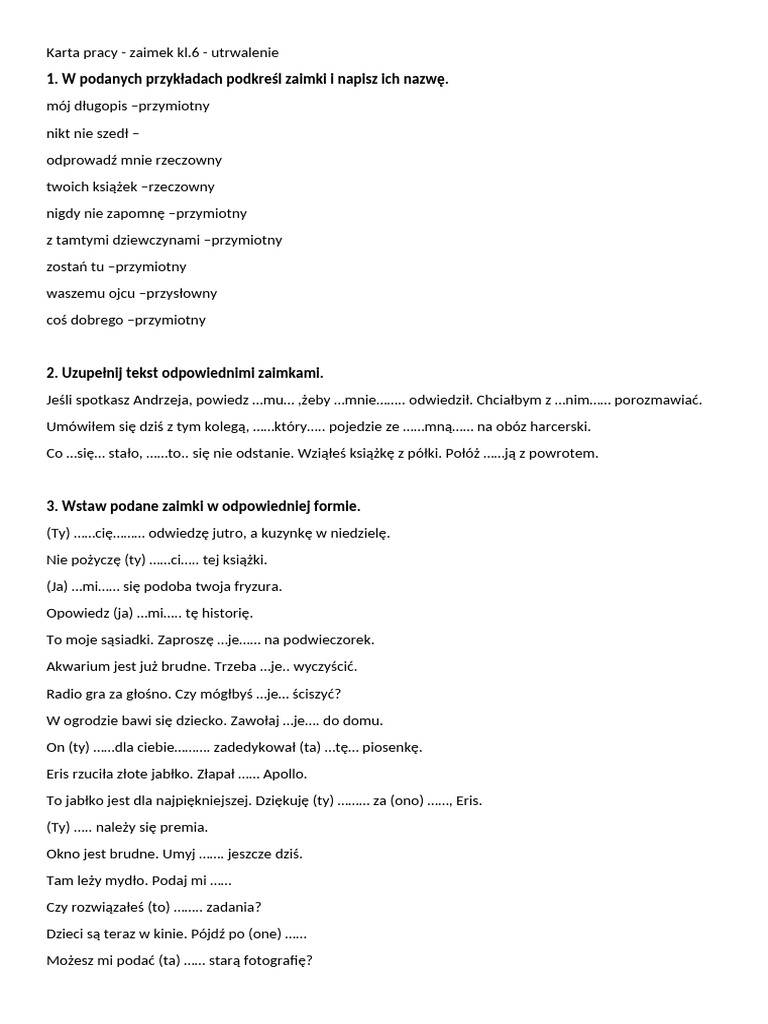 Zaimek - Utrwalenie - Karta Pracy kl.6 | PDF