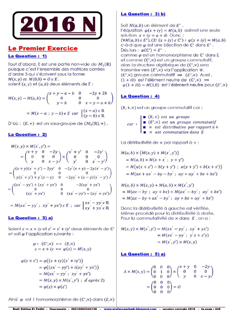 Corrige Examen National Maths Sciences Maths A Et B 2016 Normale | PDF