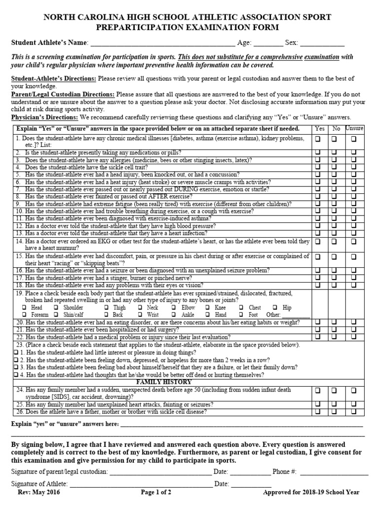 NC High School Sports Exam Form | PDF | Physical Therapy | Physical ...