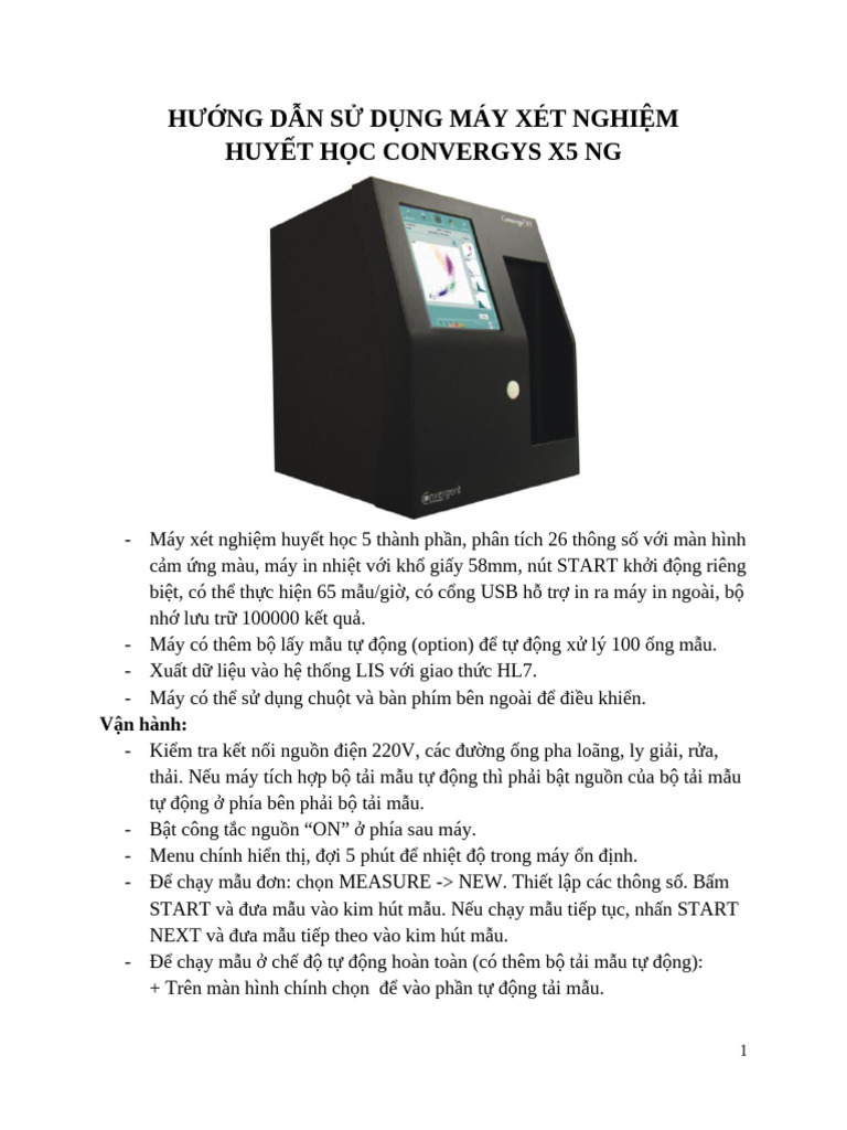 HƯỚNG DẪN SỬ DỤNG MÁY XÉT NGHIỆM HUYẾT HỌC CONVERGYS X5 NG | PDF