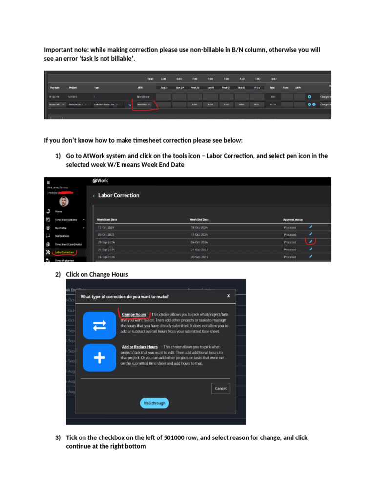 Timesheet Correction Guide | PDF