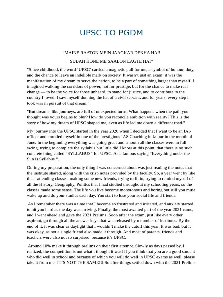 From UPSC Aspirant to PGDM Success | PDF