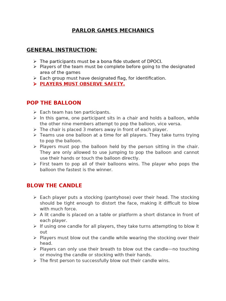 Fun Parlor Games Instructions for Students | PDF