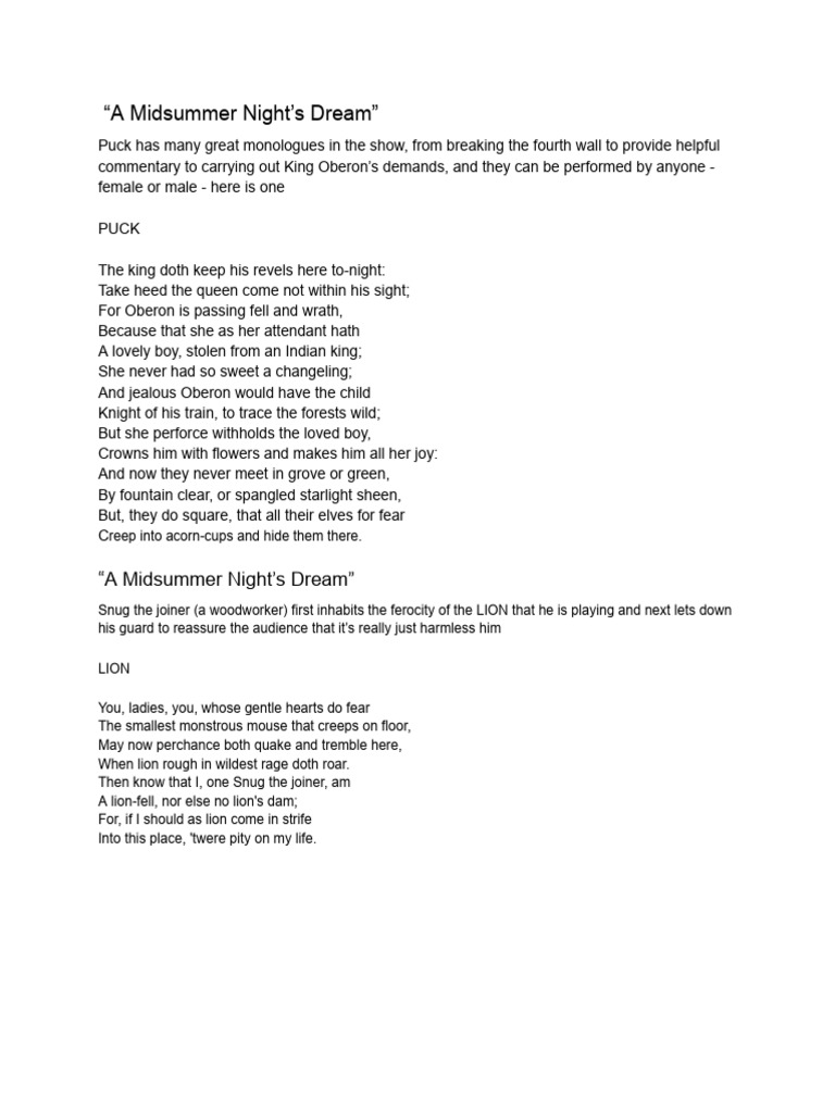 Puck's Monologues in A Midsummer Night's Dream | PDF