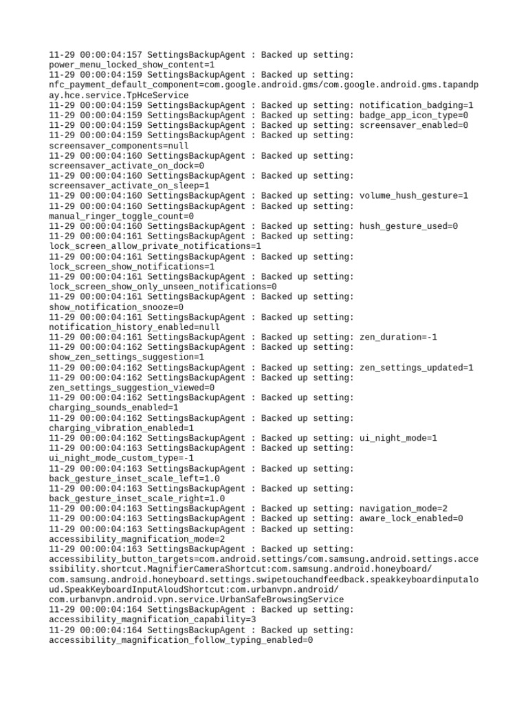 Android Settings Backup Log | PDF