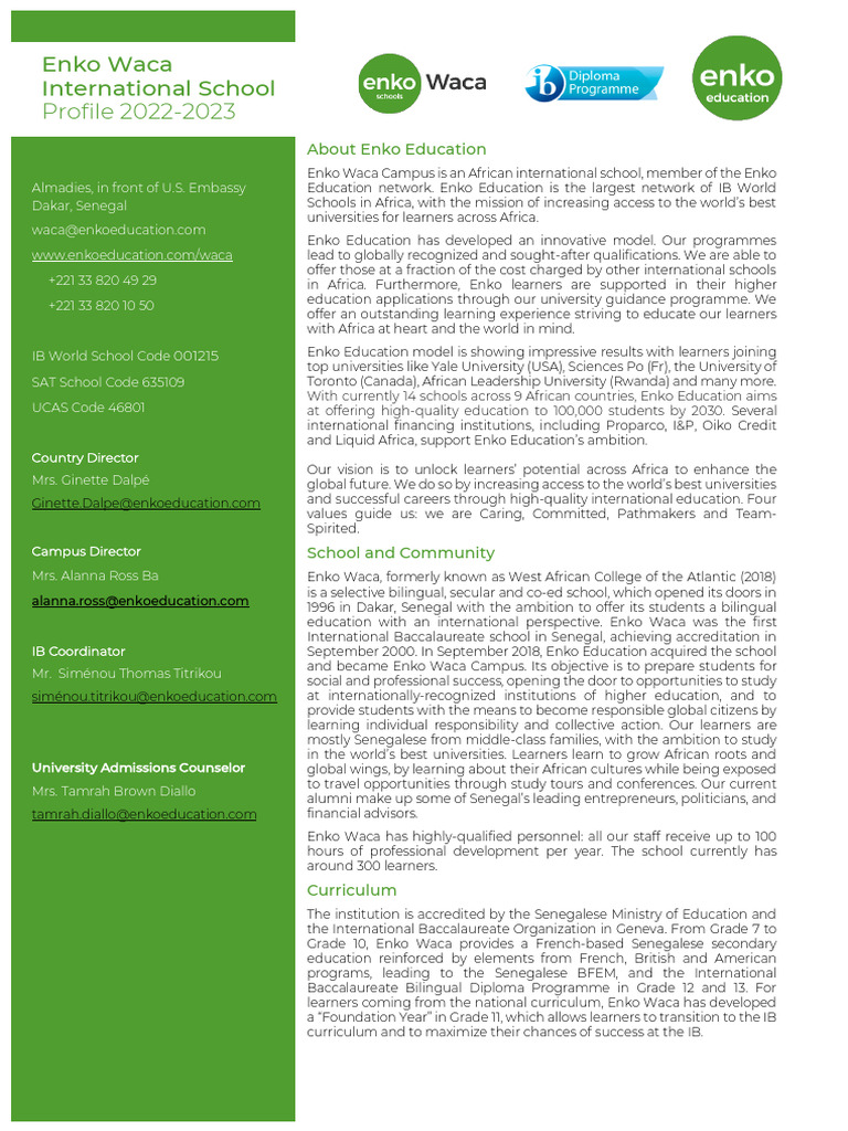 Enko Waca School Profile 2022 | PDF | Student Assessment And Evaluation | Qualifications