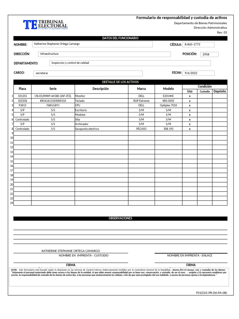 F01(G01-PR-DA-PA-08) Form.de Resp. y Custodia(katherine Ortega) | PDF