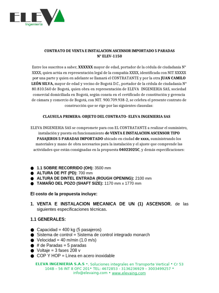 Elev 1150 Contrato de Venta e Instalación Ascensor 5 Paradas | PDF | Business