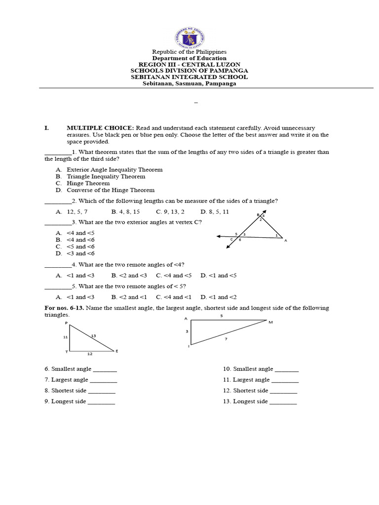 4th Quarter Exam MATH8 | PDF | Triangle | Euclidean Plane Geometry