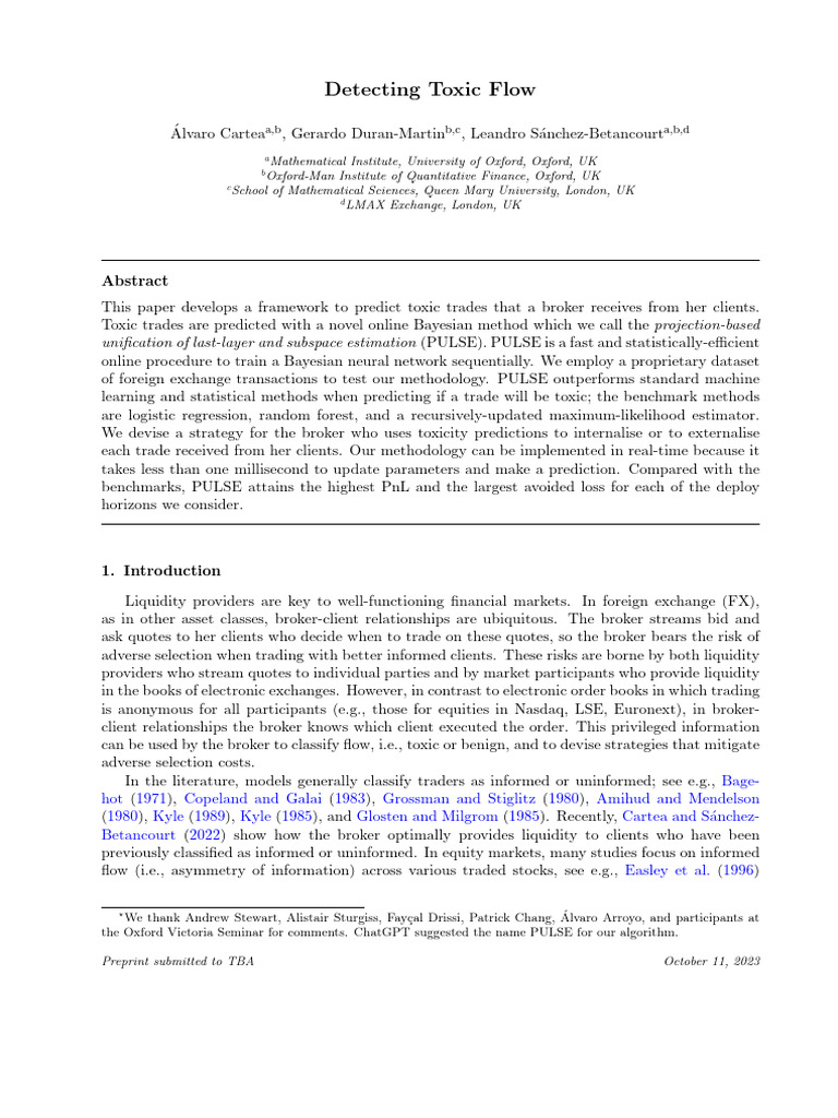 Detecting Toxic Flow | PDF | Receiver Operating Characteristic | Kalman Filter