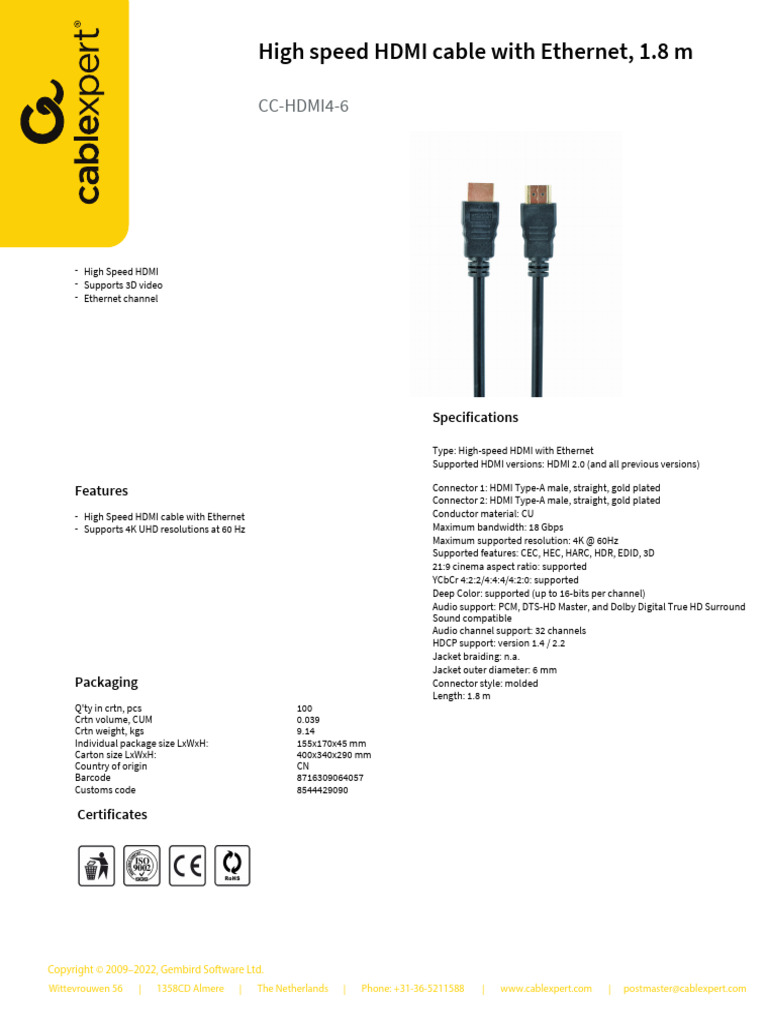 Product Sheet CC-HDMI4-6 | PDF | Hdmi | Display Technology