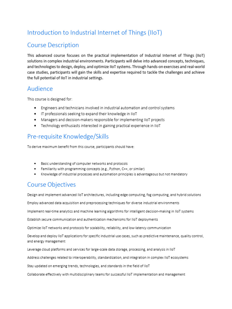 Introduction To Industrial Internet of Things (Iiot) Course Description ...